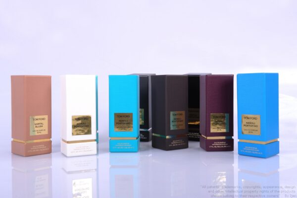 Perfume packaging boxes with lids and bases, featuring diverse colors ...
